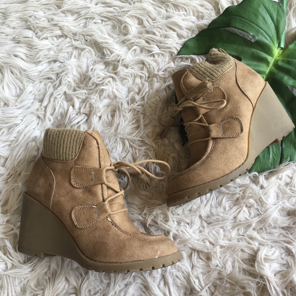 Jellypop Camel Suede Lace Up Wedge Booties - Gem